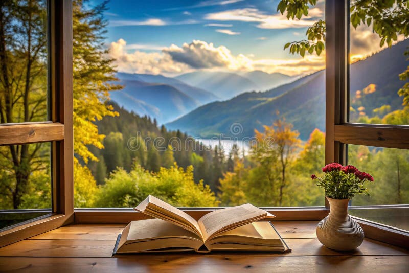 Open Book on Window Sill, Autumn Mountain View Stock Illustration ...
