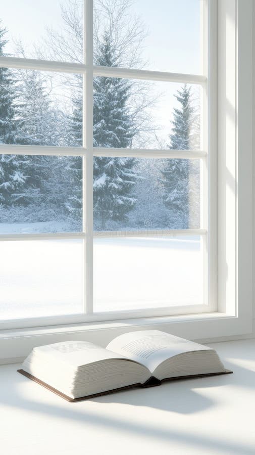 Open Book by Window with Snowy View, Creating Peaceful Atmosphere Stock ...