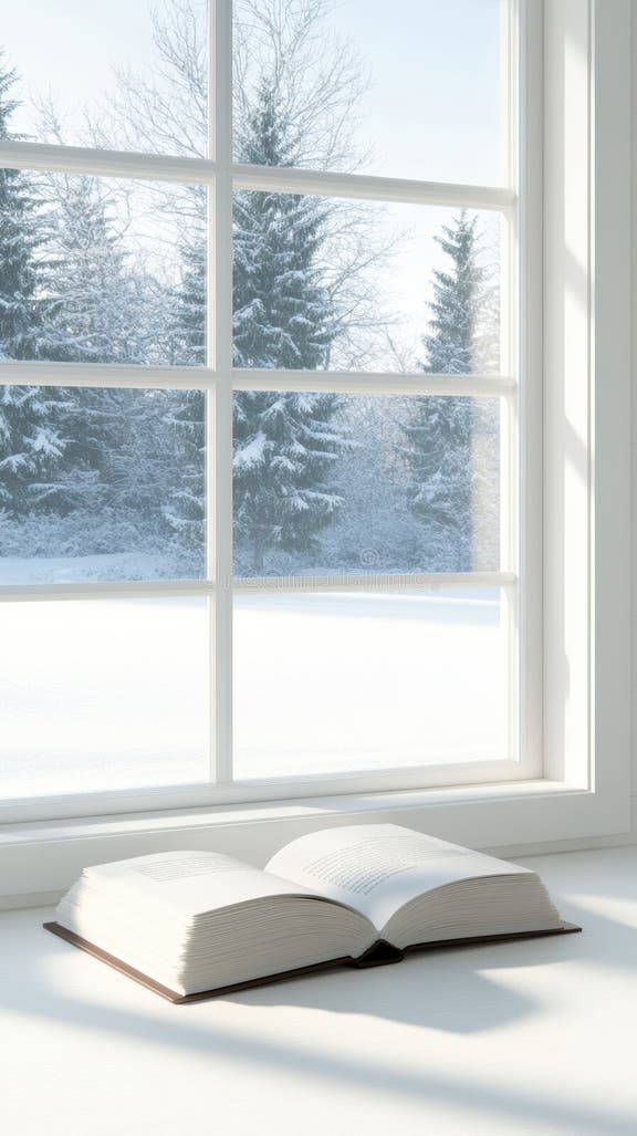 Open Book by Window with Snowy View, Creating Peaceful Atmosphere Stock ...