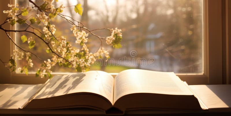 Open Book by Window with Spring Morning Light. Reading Literature in ...