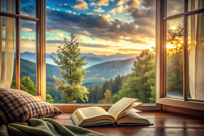 Open Book on Windowsill, Scenic Sunset View Stock Illustration ...