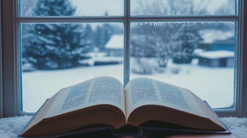 Open Book on Windowsill, Snowy Winter Scene Outside Stock Illustration ...