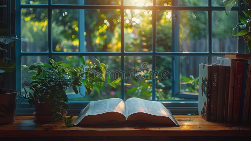 Open Book on Windowsill with Sunlight and Green Plants Stock Image ...