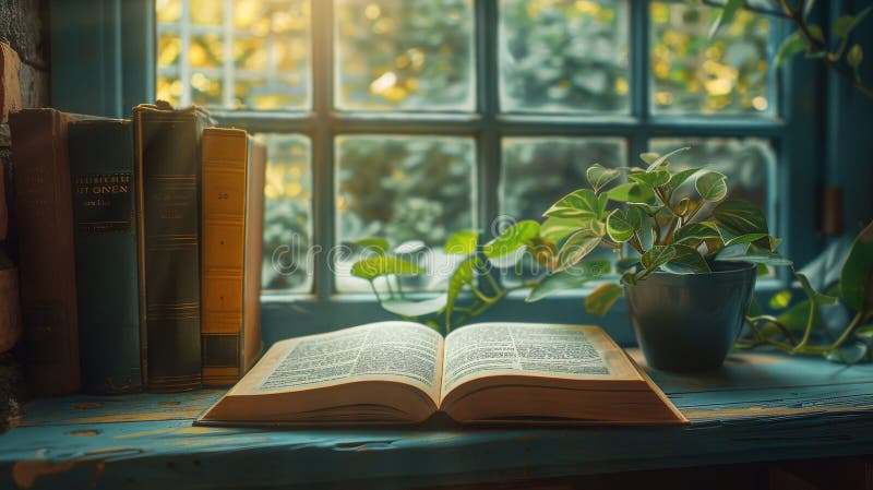 Open Book on Windowsill with Sunlight and Green Plants Stock Photo ...