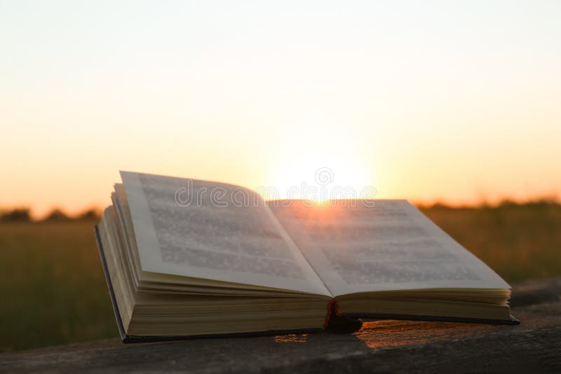 Open Book on Wooden Bench in Field at Sunset Stock Photo - Image of ...