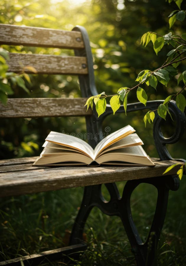 Open Book on Wooden Bench in Sunny Garden Stock Photo - Image of nature ...