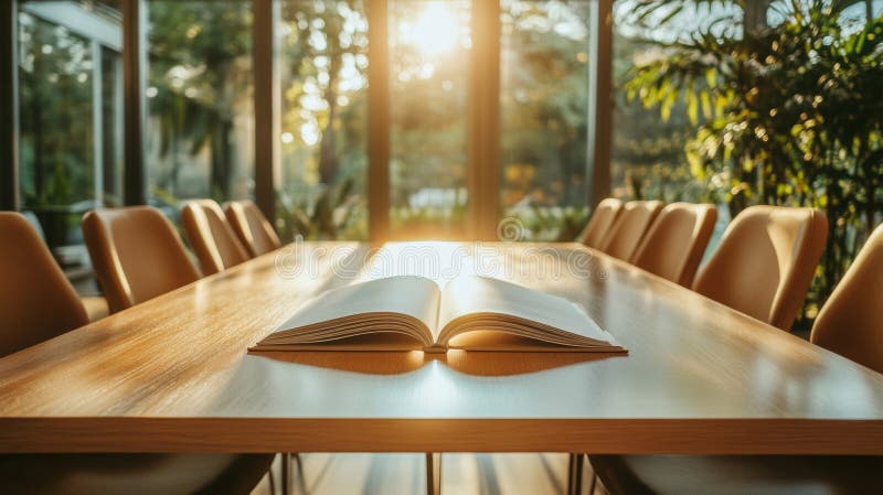 Open Book on Wooden Conference Table in Sunlit Room Stock Illustration ...