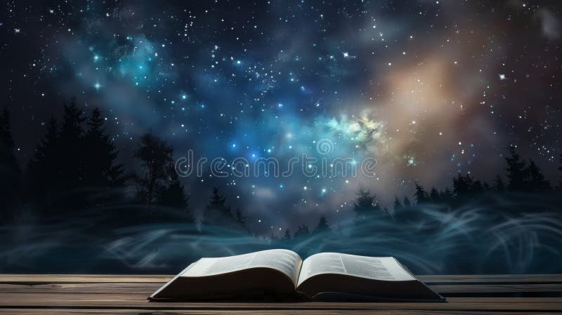 Open Book Wooden Counter Under Night Sky Misty Background Stock Photos ...