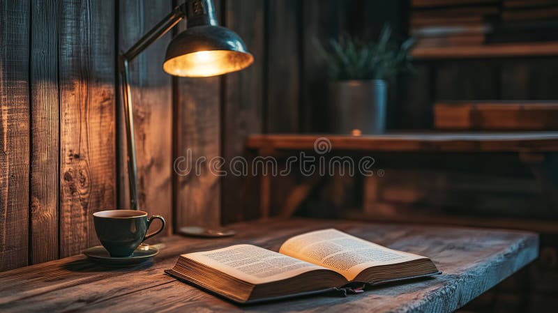 Open Book on Wooden Desk with Lamp and Mug Stock Image - Image of brown ...