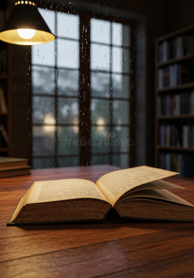 Open Book on Wooden Desk in Rainy Library Stock Illustration ...