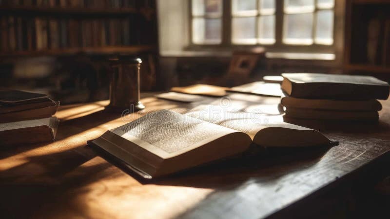 Open Book on Wooden Desk in Sunlit Library Stock Illustration ...