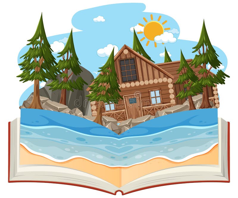 Open Book with Wooden House in the Beach Stock Vector - Illustration of ...