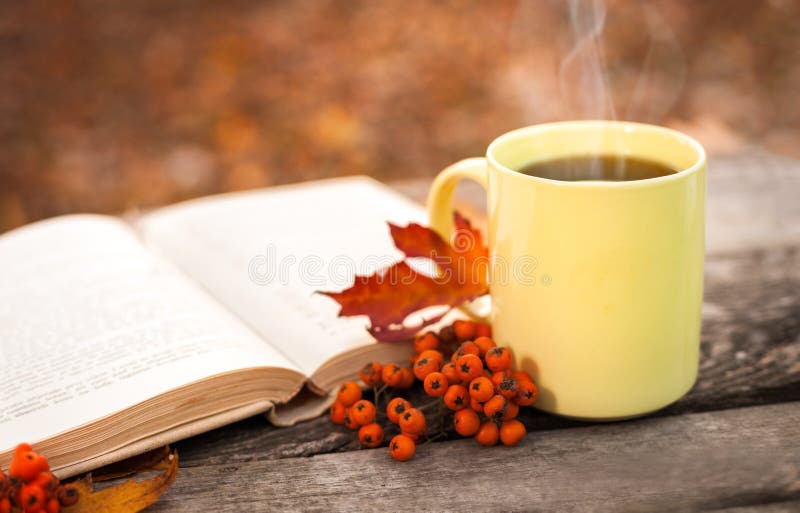 Open Book on Wooden Surface with Fallen Leaves and Tea Mug Stock Photo ...