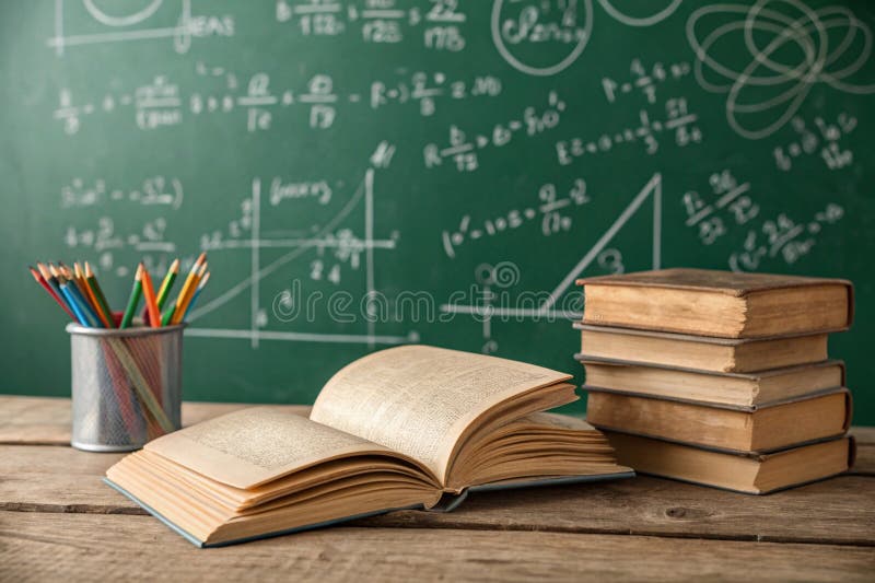 Open Book on Wooden Table with Chalkboard Background - Educational ...