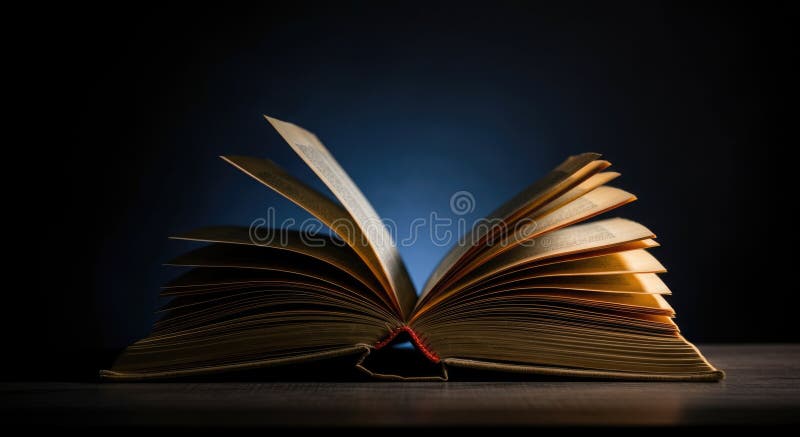 Open Book Wooden Table Dramatic Lighting Dark Background Stock Photos ...