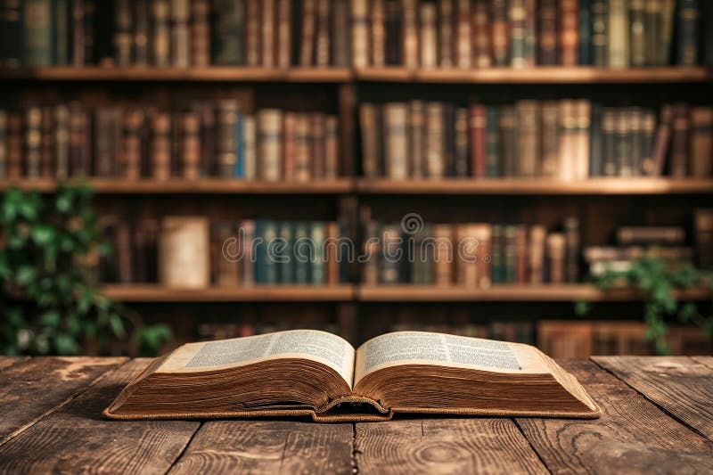An Open Book on a Wooden Table in Front of a Bookshelf Stock Photo ...