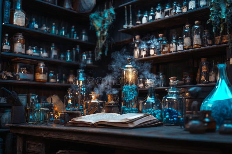 Open Book on Wooden Table with Glass Bottles, Jars, and Potions Stock ...