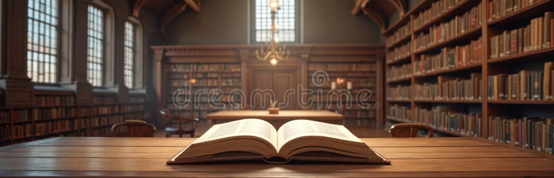 Open Book Wooden Table in Library. Brown White Colors. Knowledge ...