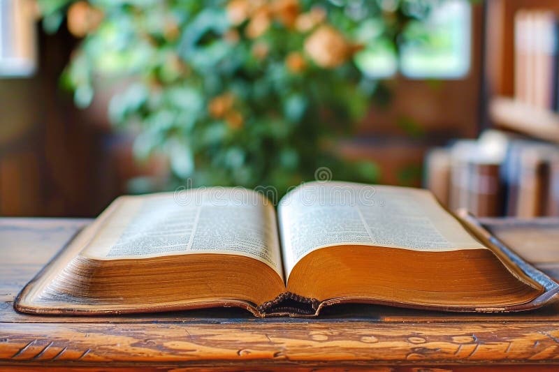 Open Book on Wooden Table in Library Stock Illustration - Illustration ...