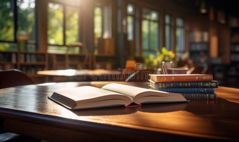 Open Book on a Wooden Table in a Library. Selective Focus Stock Photo ...
