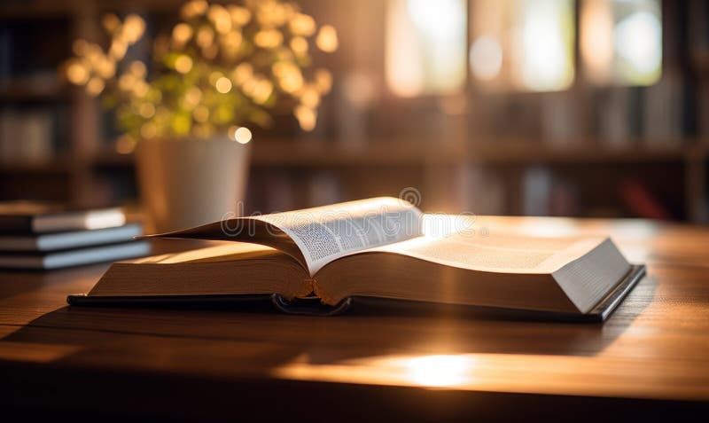 Open Book on a Wooden Table, Lit by the Rays of the Sun Stock Photo ...