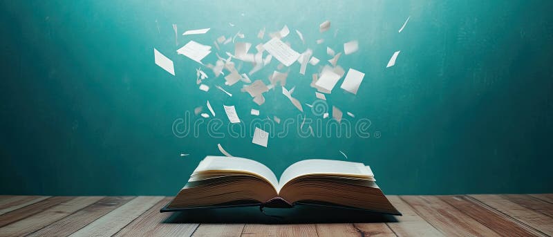 Open Book on a Wooden Table with Pages Flying Out of it Stock ...