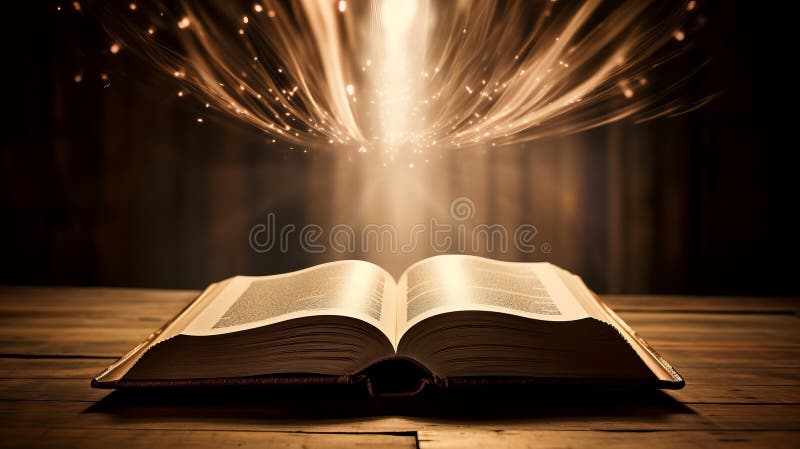 Open Book on Wooden Table with Rays of Light Coming. Generative AI ...
