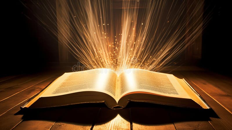 Open Book on Wooden Table with Rays of Light Coming. Generative AI ...