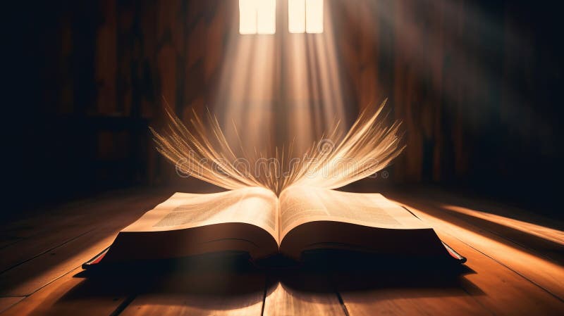 Open Book on Wooden Table with Rays of Light Coming. Generative AI ...