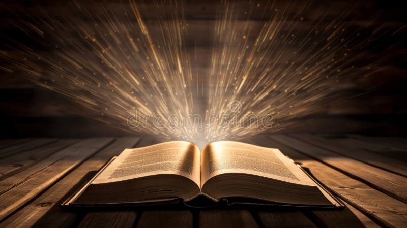 Open Book on Wooden Table with Rays of Light Coming. Generative AI ...