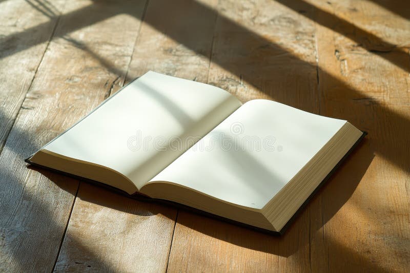 Open Book on Wooden Table with Sunlight Casting Shadows Stock ...