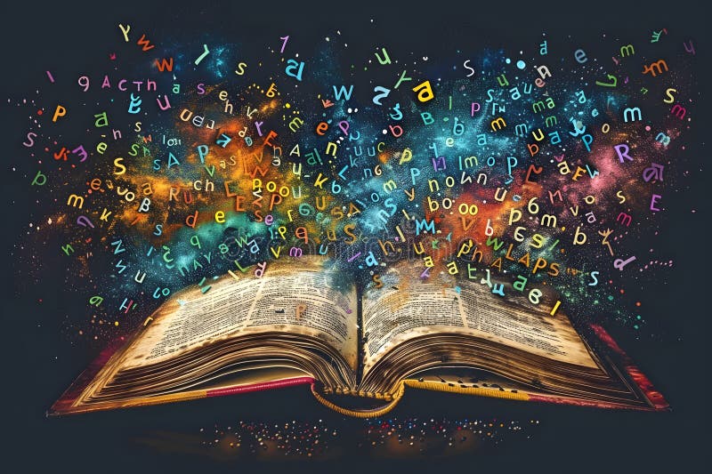 Open Book with Colorful Floating Letters from Various Languages and ...