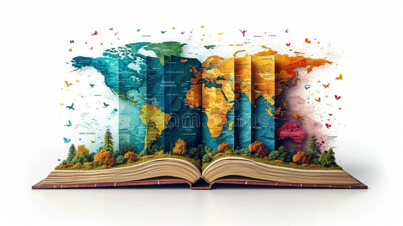 An Open Book with a World Map on it and a World Map on the Pages Stock ...