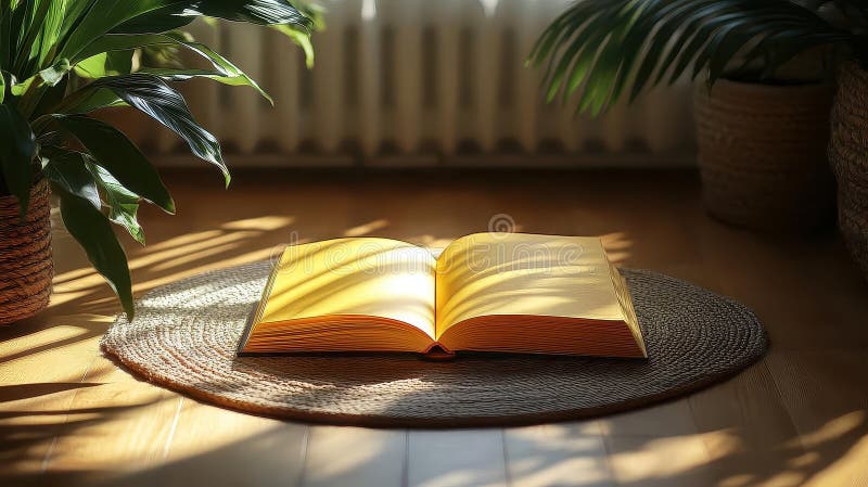 Open Book on Woven Mat with Sunlight Streaming through Window Stock ...