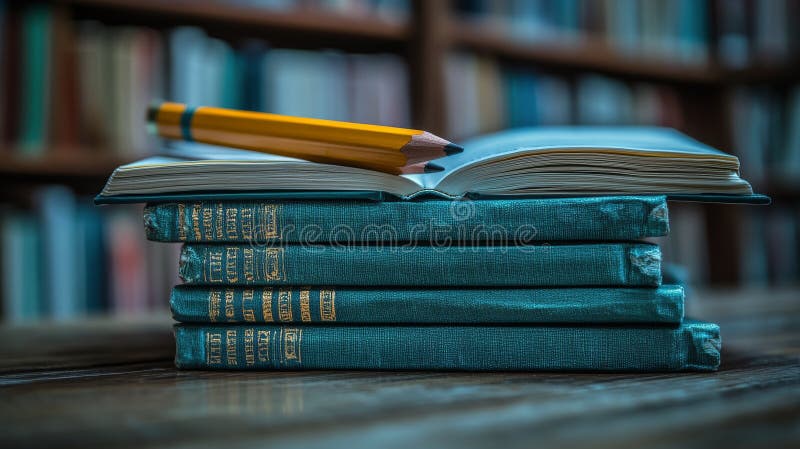 Open Book with Yellow Pencil on Stack of Blue Hardcover Books in ...