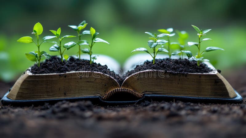 Open Book with Young Plant Seedlings Growing from Soil on Pages Stock Image - Image of garden ...