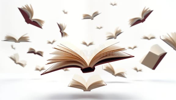 Open Books Float in Mid Air on White Background. Flying Books ...
