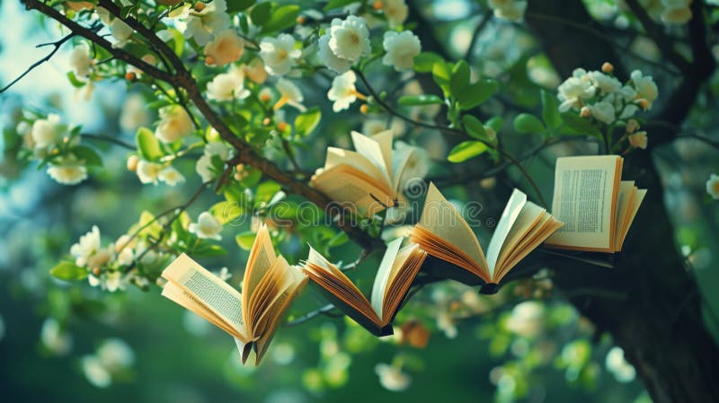 Open Books Flying among Blooming Tree Branches Stock Photo - Image of ...