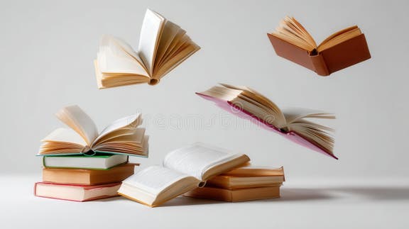 Open Books are Flying and Resting a Stack of Books Over a White ...