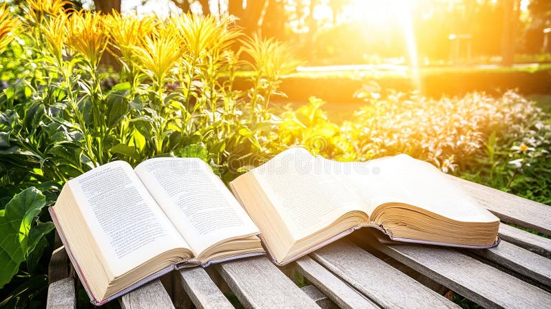 Open Books, Park Bench, Sunlight, Flowers, Reading Stock Image - Image ...