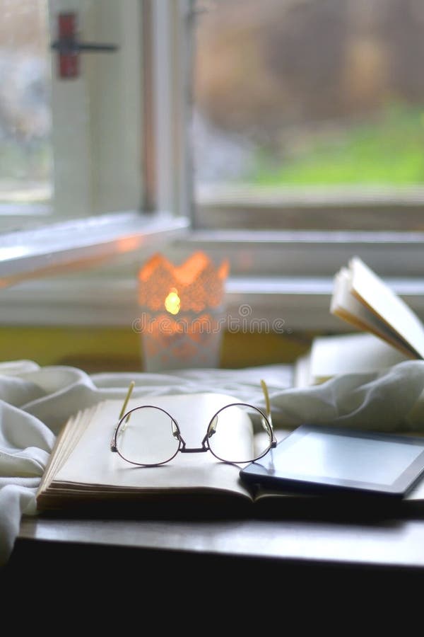 Books, Reading Glasses and E-Reader Stock Image - Image of device ...
