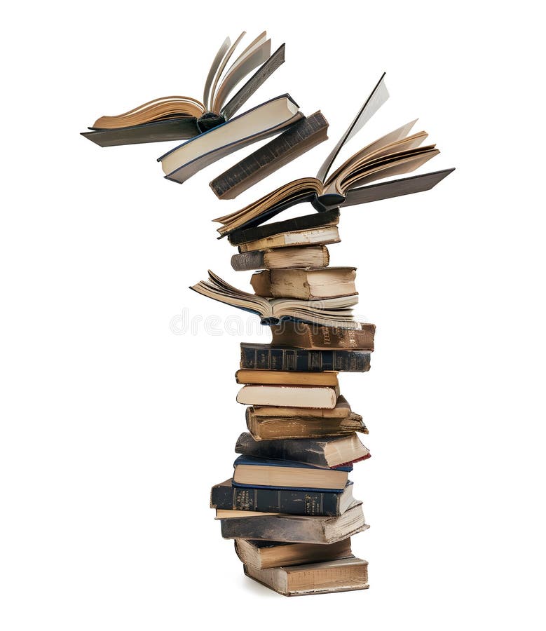 Open Books Stack with Flying Pages, Isolated on Transparent Background ...