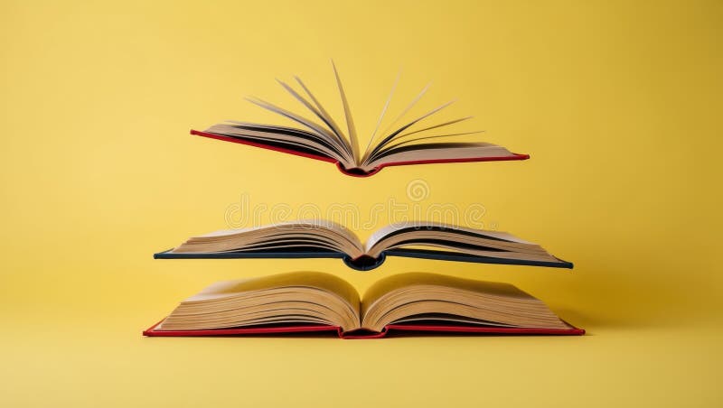 Open Books Stack on Yellow Backdrop, Education and Knowledge Concept ...