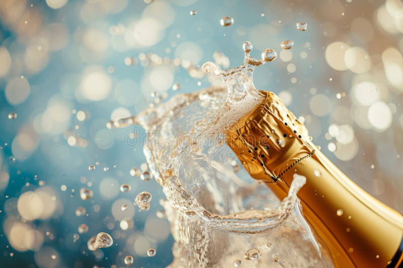 Open Bottle of Champagne with Splash on Pastel Colored Background ...
