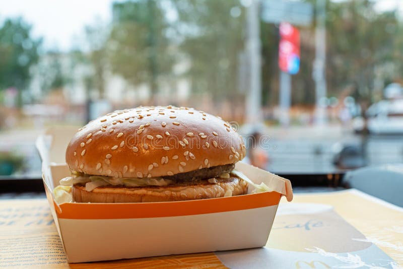 Open Box with Big Mac Burger on the Table in McDonald S Restaurant ...