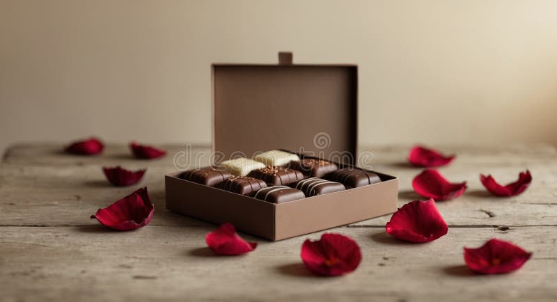 Open Box of Chocolates on a Table with Flower Petals. Stock Photo ...