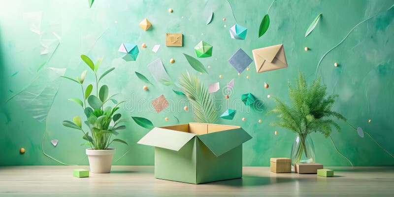 Open Box with Falling Geometric Shapes and Greenery Against a Mint ...