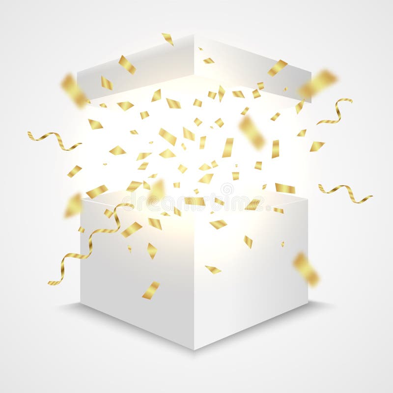 Open Box with Golden Confetti. Giftbox Surprise Concept Stock Vector ...
