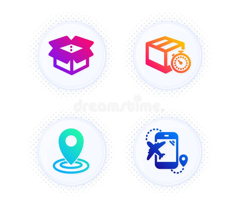 Open Box, Location and Delivery Timer Icons Set. Flight Destination ...