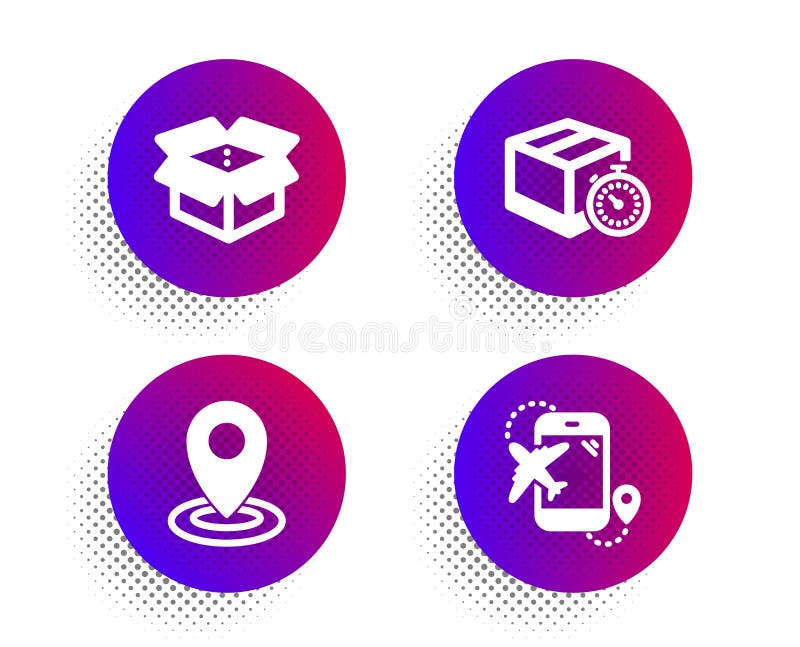 Open Box, Location and Delivery Timer Icons Set. Flight Destination ...
